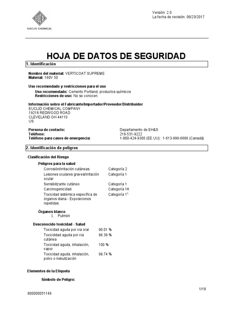 Hoja de Datos de Seguridad VERTICOAT SUPREME | PDF | Toxicología ...