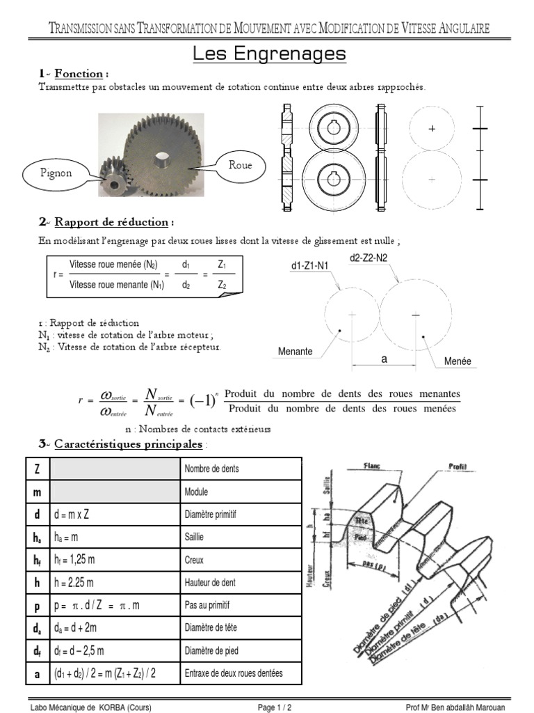 Les Engrenages (Cours Bac) | PDF | Ingénierie mécanique | Cinématique