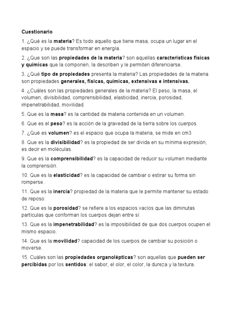 Las Propiedades de La Materia Cuestionario | PDF | Importar | Calor
