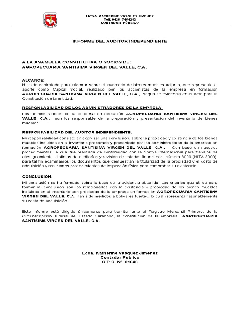 18-10-2020 Inventario de Apertura Informe Del Auditor Independiente | PDF | Empresas | Contabilidad