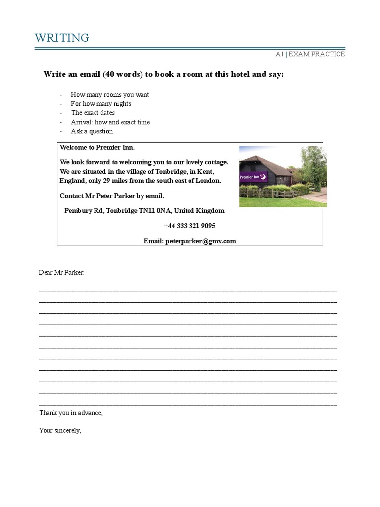 A1 Writing Exam: Email Booking Task | PDF
