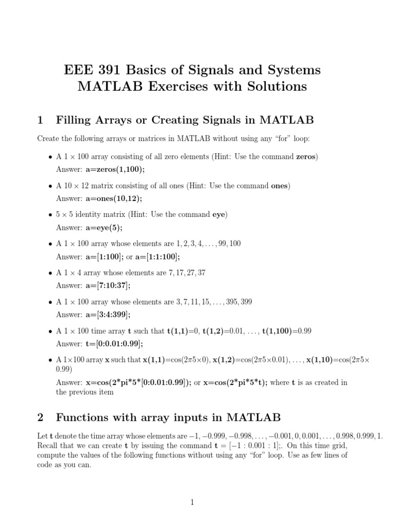 MATLAB Tutorial Exercises Solns | PDF | Matlab | Matrix (Mathematics)