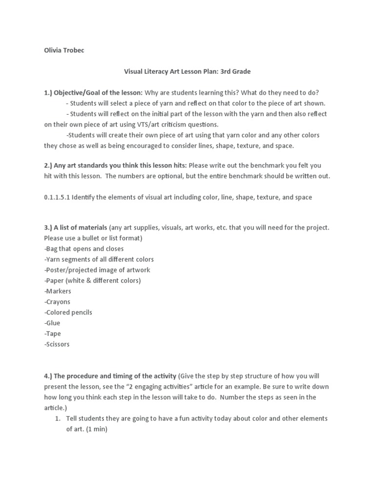 3rd Grade Visual Literacy Art Lesson | PDF | Lesson Plan | Literacy