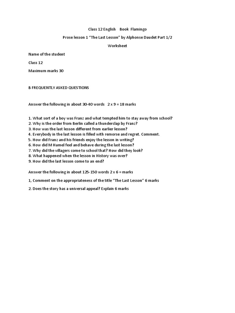 The Last Lesson Worksheet | PDF
