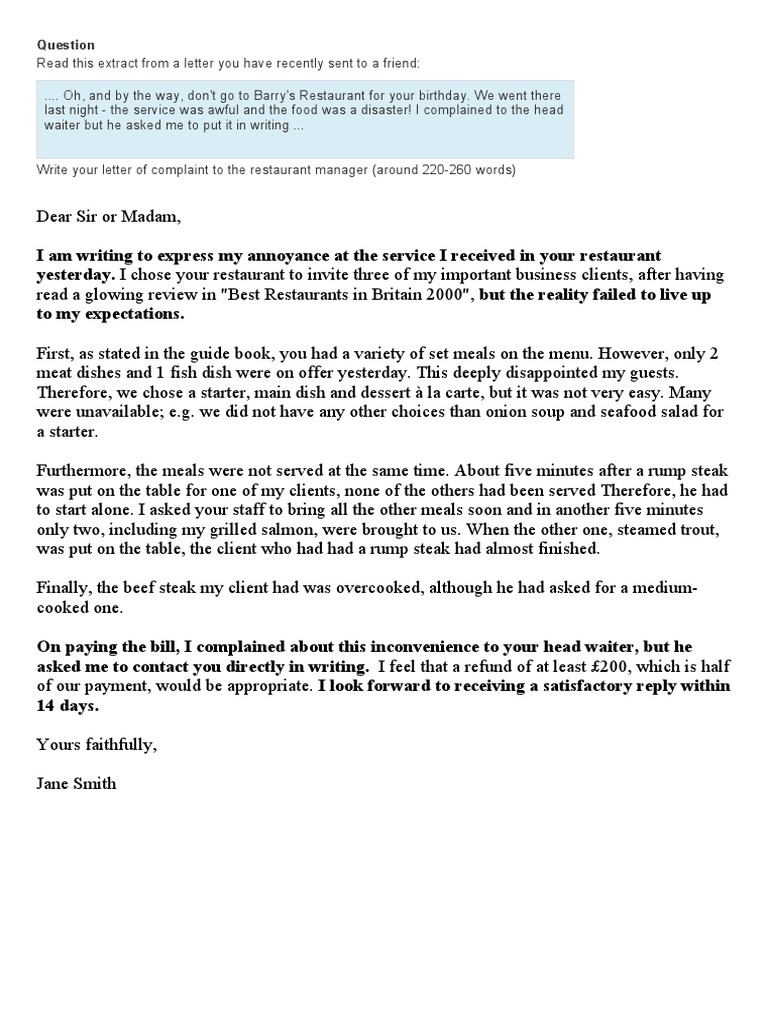 Letter of Complaint | PDF | Restaurants | Waiting Staff