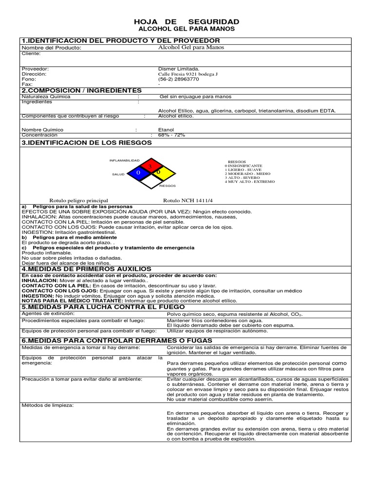 Hoja Seguridad Alcohol Gel Optimus | PDF | Etanol | Toxicidad