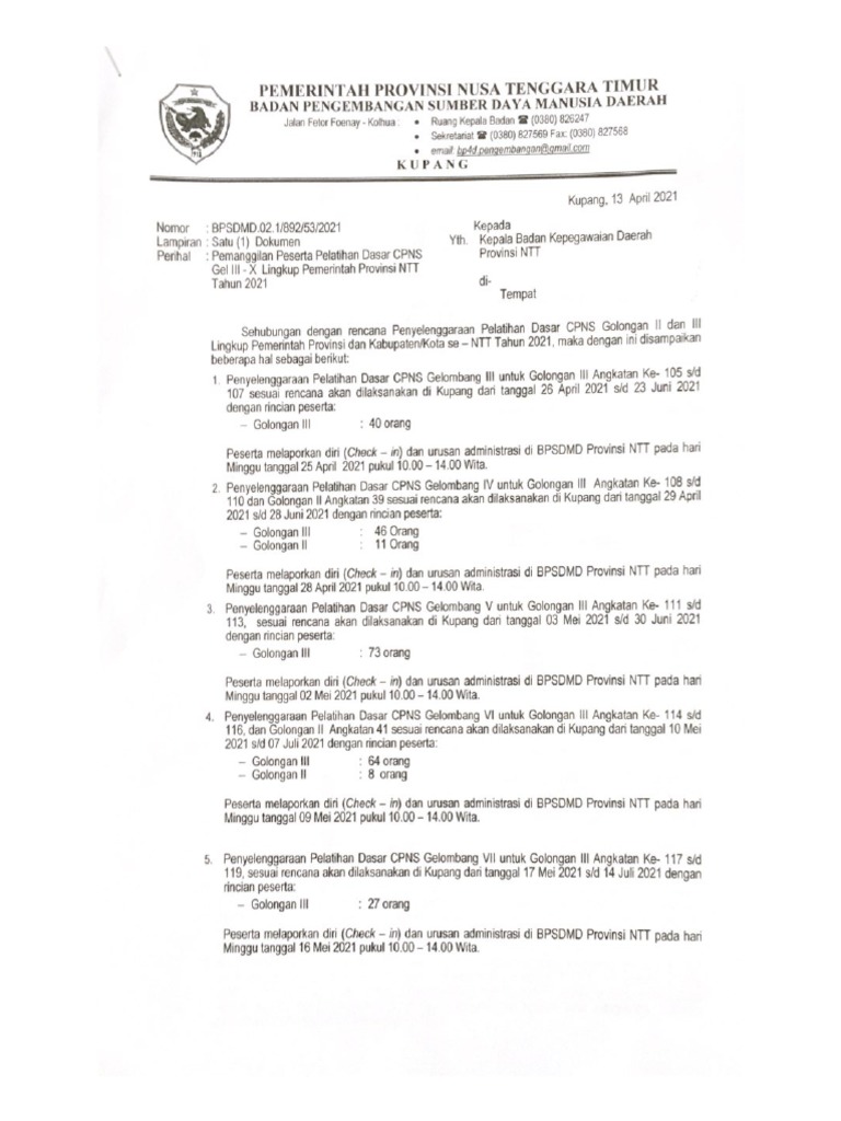 Surat Pemanggilan Peserta Latsar Provinsi | PDF