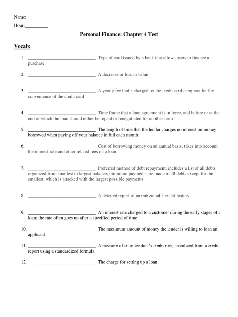 Chapter 4 Personal Finance Test | PDF | Credit | Finance & Money Management