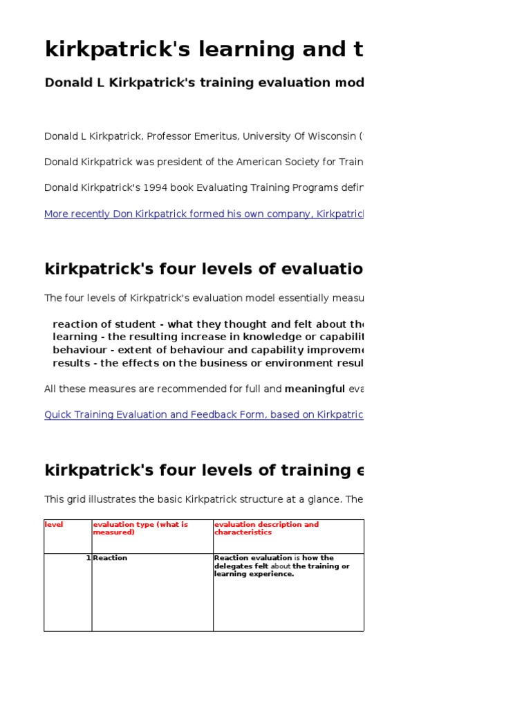 Kirkpatrick's Training Evaluation Model | PDF | Career & Growth | Self ...