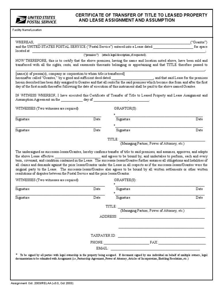 Certificate of Transfer of Title To Leased Property and Lease ...