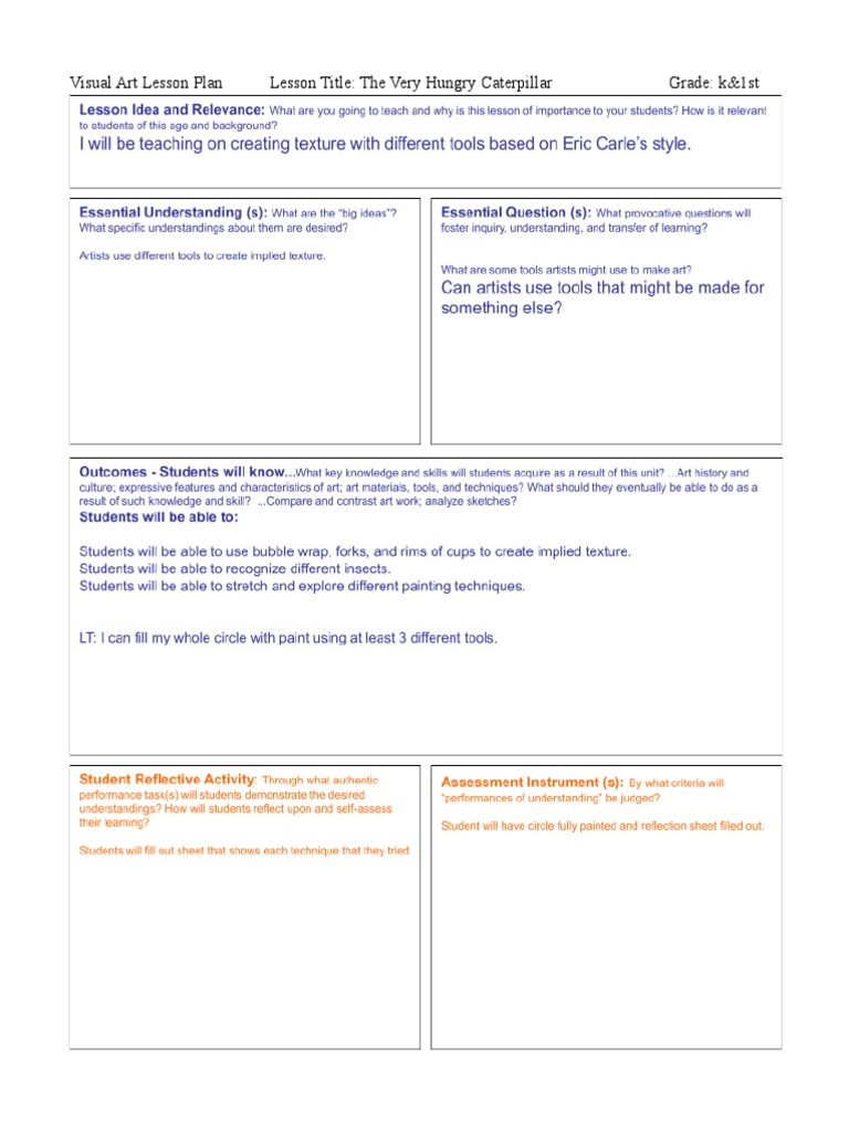 Visual Art Lesson Plan Lesson Title: The Very Hungry Caterpillar Grade ...