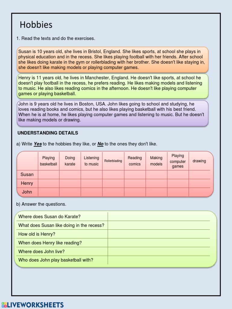 Hobbies - Worksheet | PDF