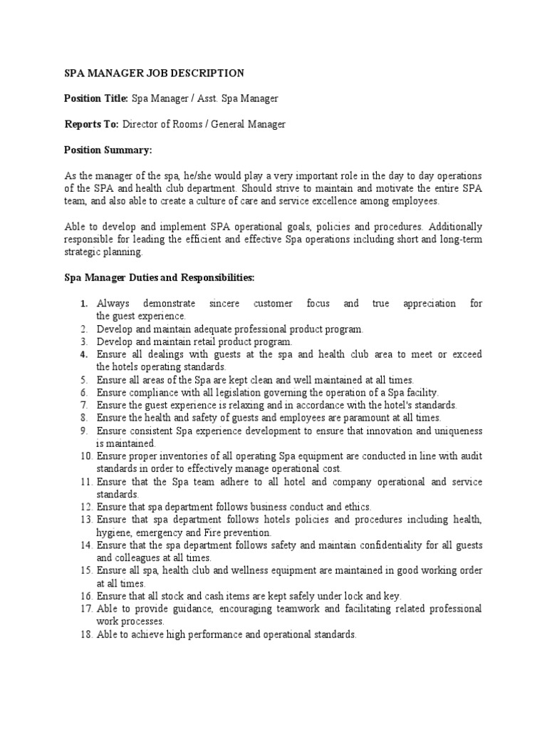 Spa Manager Job Description | PDF | Spa | Inventory