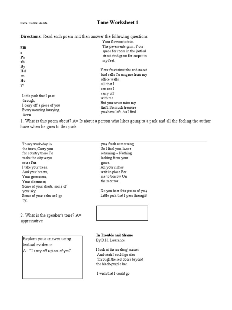 Tone Worksheet 1 Answer Key | PDF | Poetry