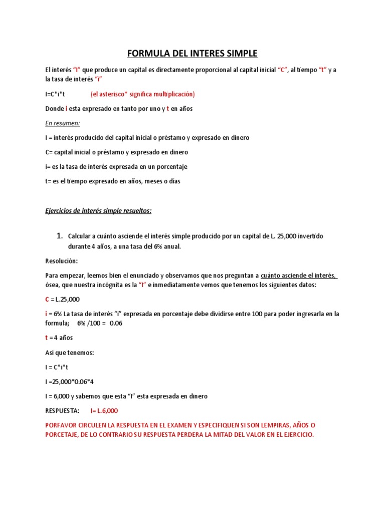 Formula Del Interes Simple | PDF | Interés | Tasas de interés