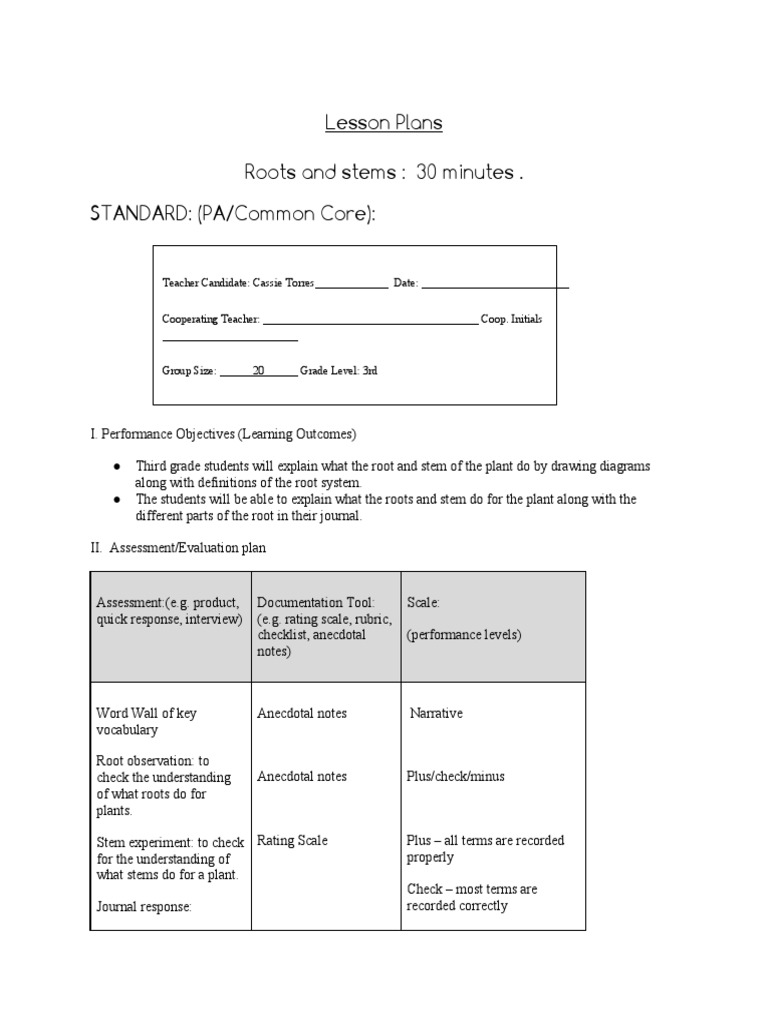 Lesson Plan Roots and Stems | PDF | Root | Educational Assessment