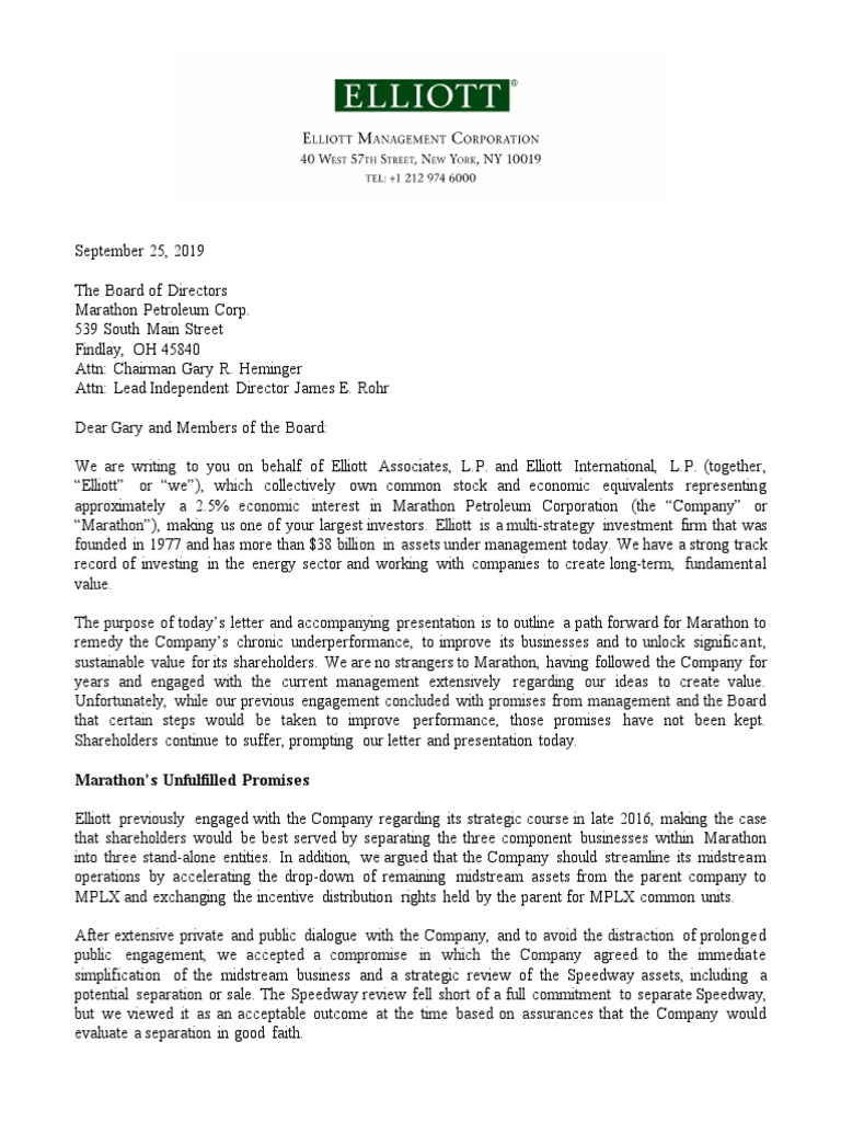 Elliotts Letter To MPC 09252019 | PDF | Mergers And Acquisitions | Stocks