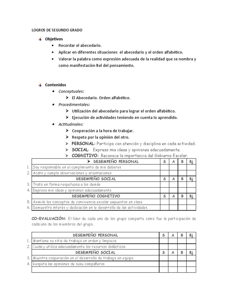 LOGROS DE SEGUNDO GRADO Primer Periodo | PDF