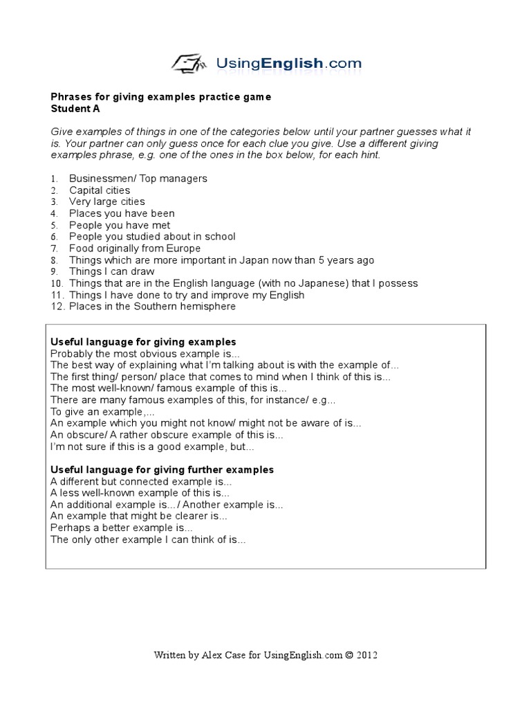 Phrases For Giving Examples Practice Game Student A | PDF | Cognitive ...