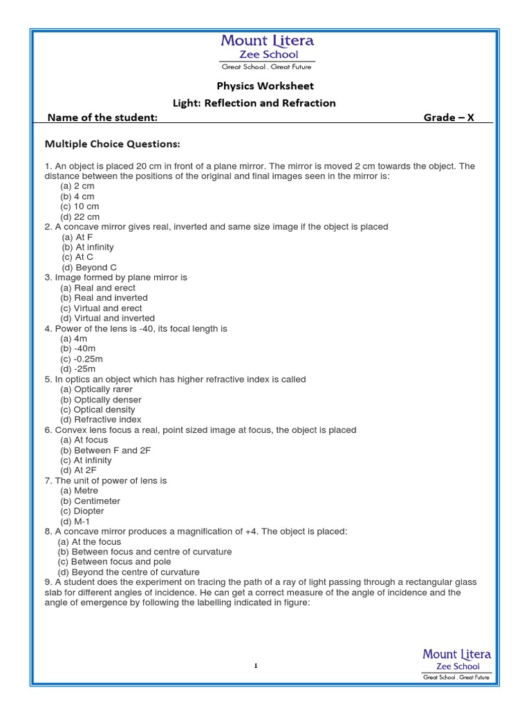 Light Reflection and Refraction Worksheet | PDF | Mirror | Glass ...