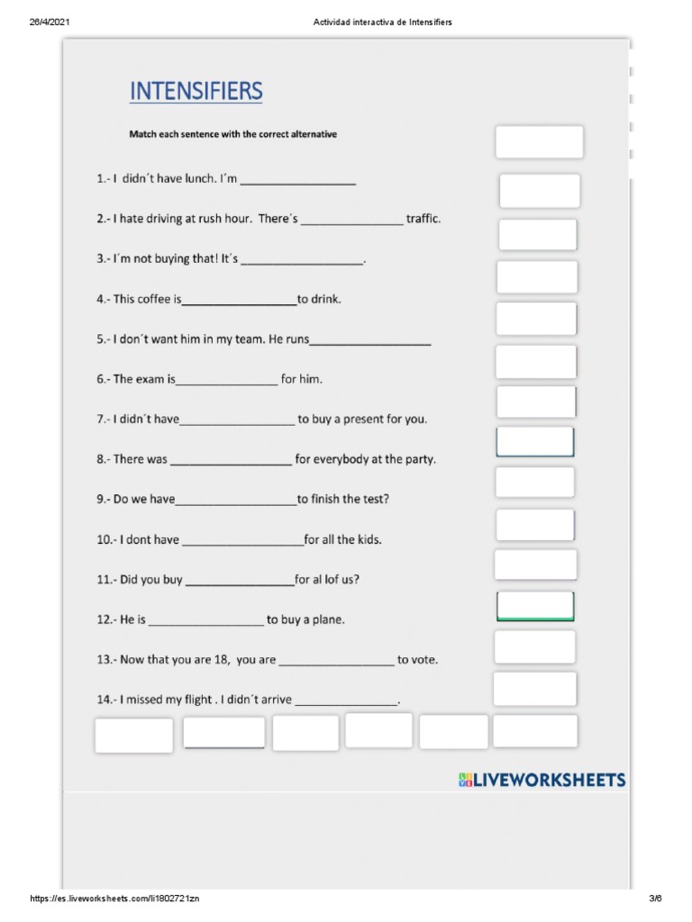 Actividad Interactiva de Intensifiers | PDF