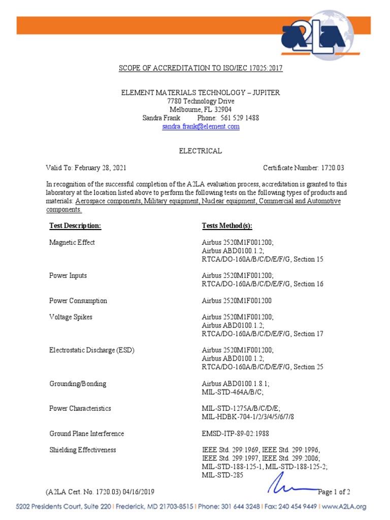 Melbourne A2LA Electrical Scope of Accreditation 172003 | PDF ...