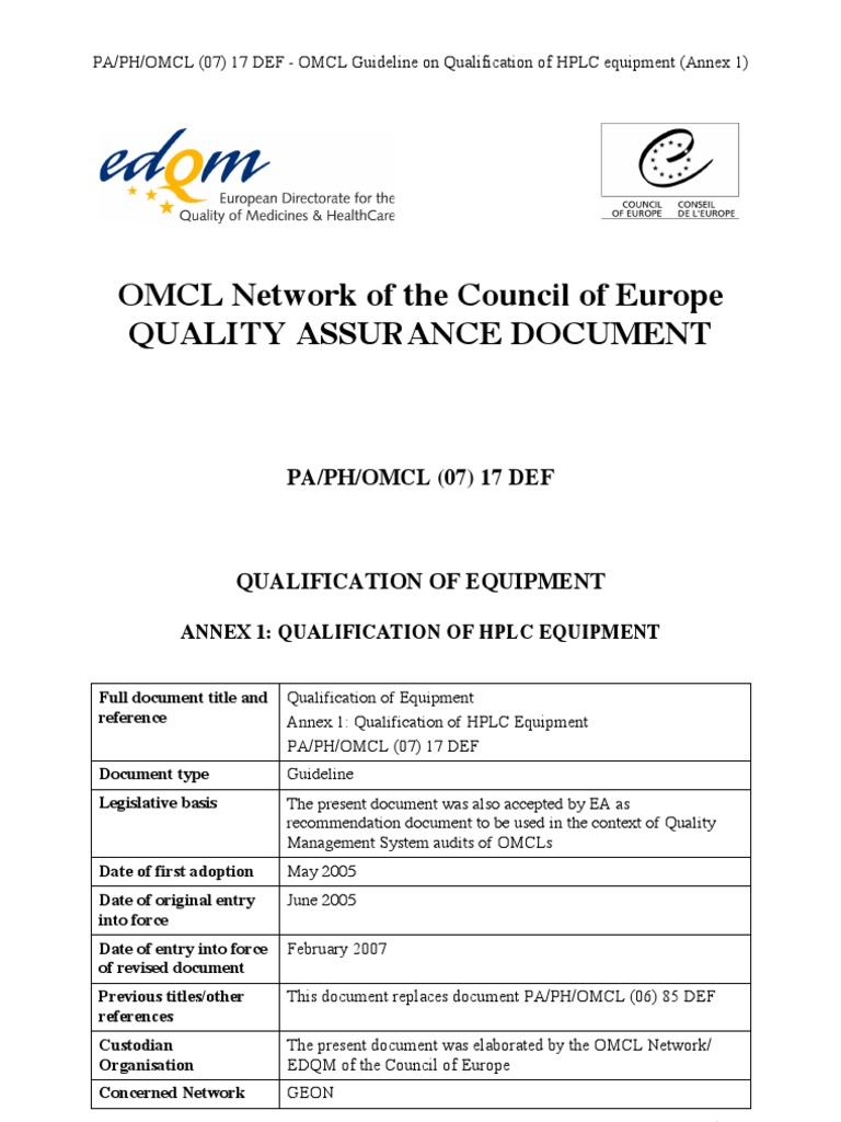 Annex 1 Qualification of HPLC Equipment | PDF | High Performance Liquid ...
