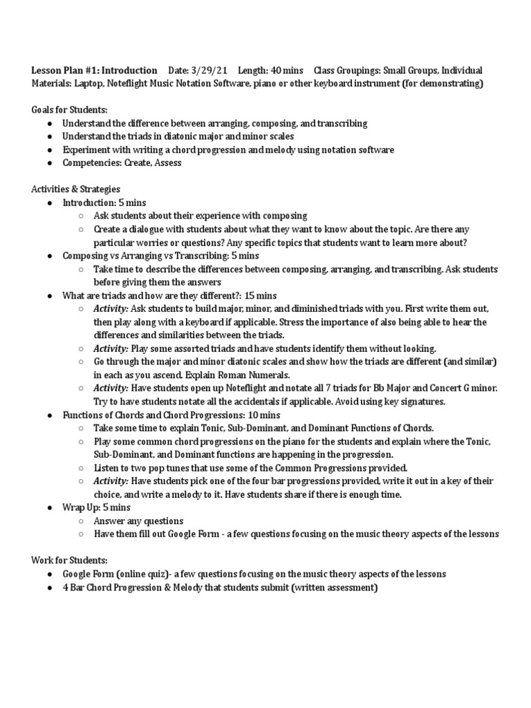 Intro To Composition Lesson Plans 1 | PDF | Chord (Music) | Musicology
