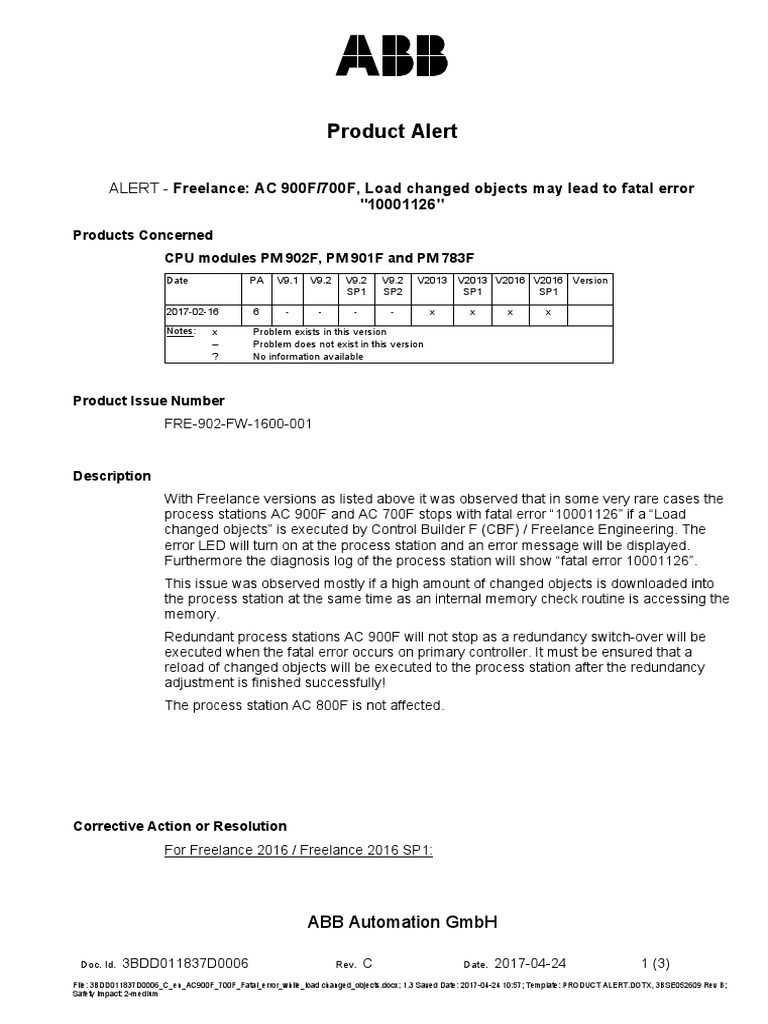 Product Alert: ALERT - Freelance: AC 900F/700F, Load Changed Objects ...
