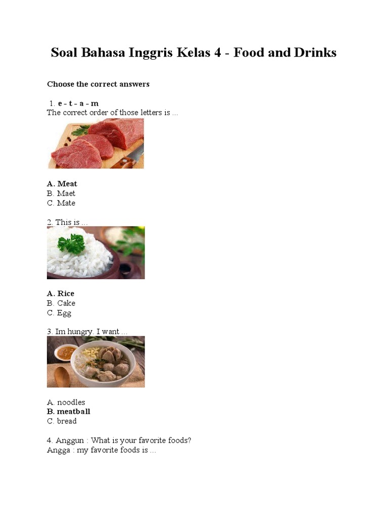 Soal Bahasa Inggris Kelas 4: Makanan & Minuman | PDF | Sports ...