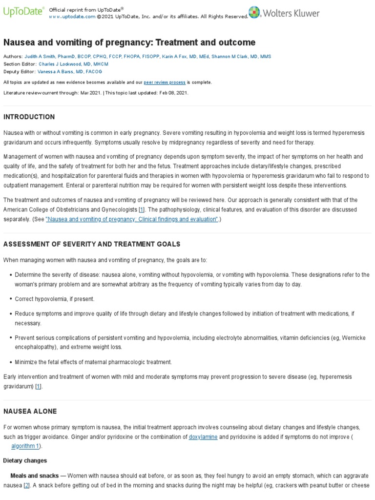 Nausea and Vomiting of Pregnancy - Treatment and Outcome - UpToDate ...