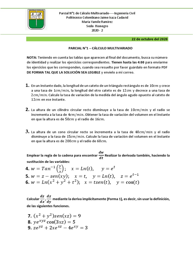 Parcial N°1 Cálculo Multivariado | PDF | Geometría euclidiana | Geometría