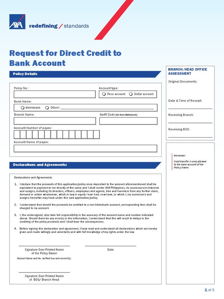 Direct Credit To Account Form | PDF | Payments | Banks