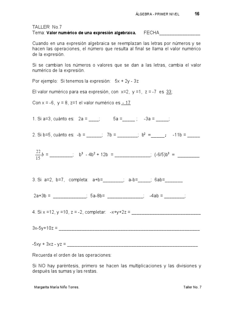 Taller No.7-Valor Numérico de Una Expresión Algebraica | PDF ...