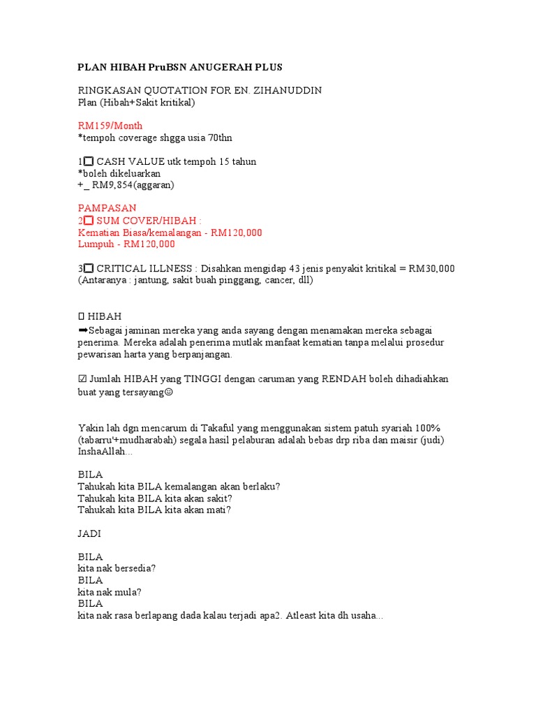 PLAN HIBAH PruBSN ANUGERAH PLUS | PDF