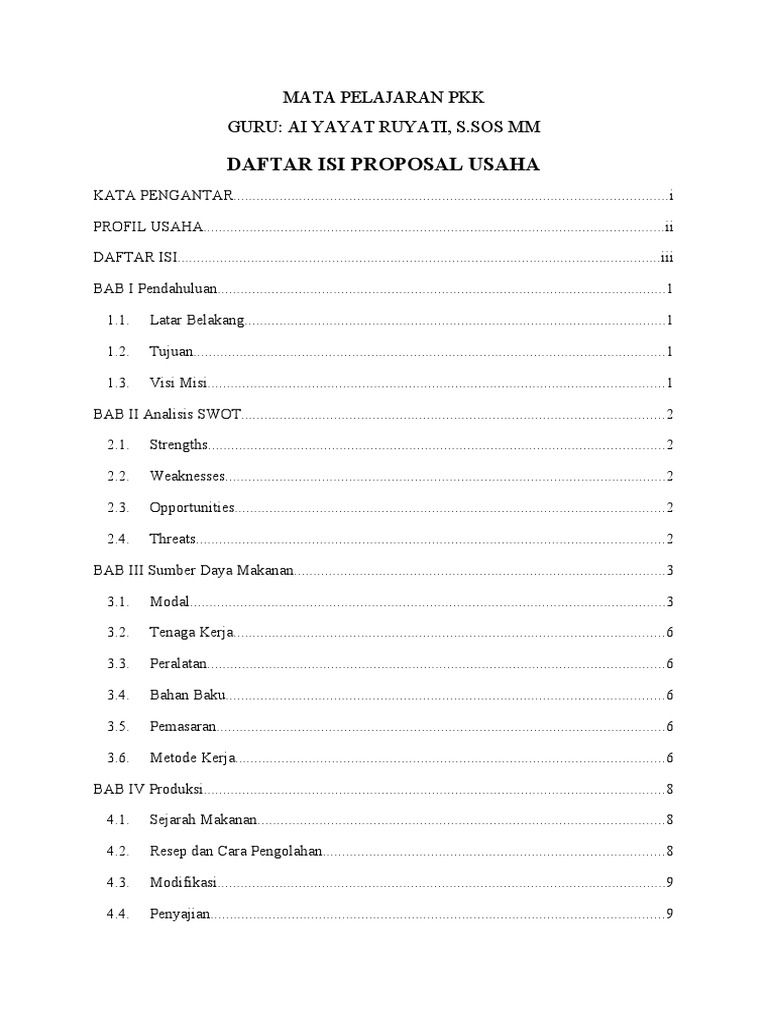 Daftar Isi Proposal Usaha - PKK | PDF