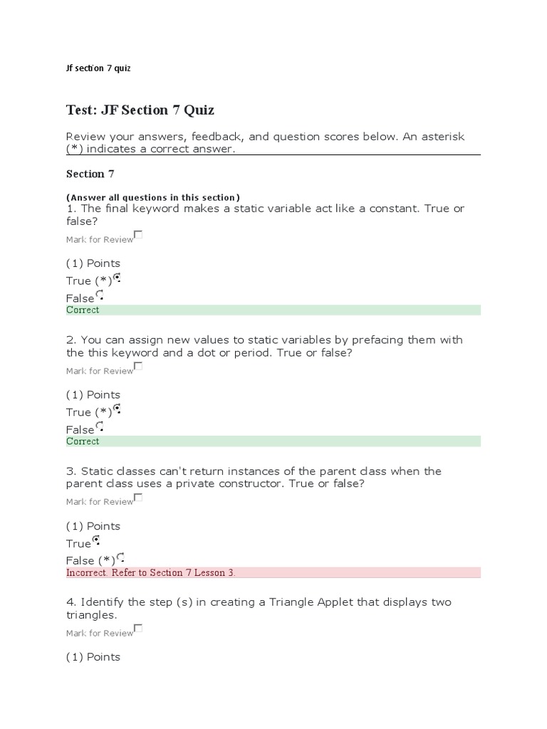 JF Section 7 Quiz | PDF | Inheritance (Object Oriented Programming ...