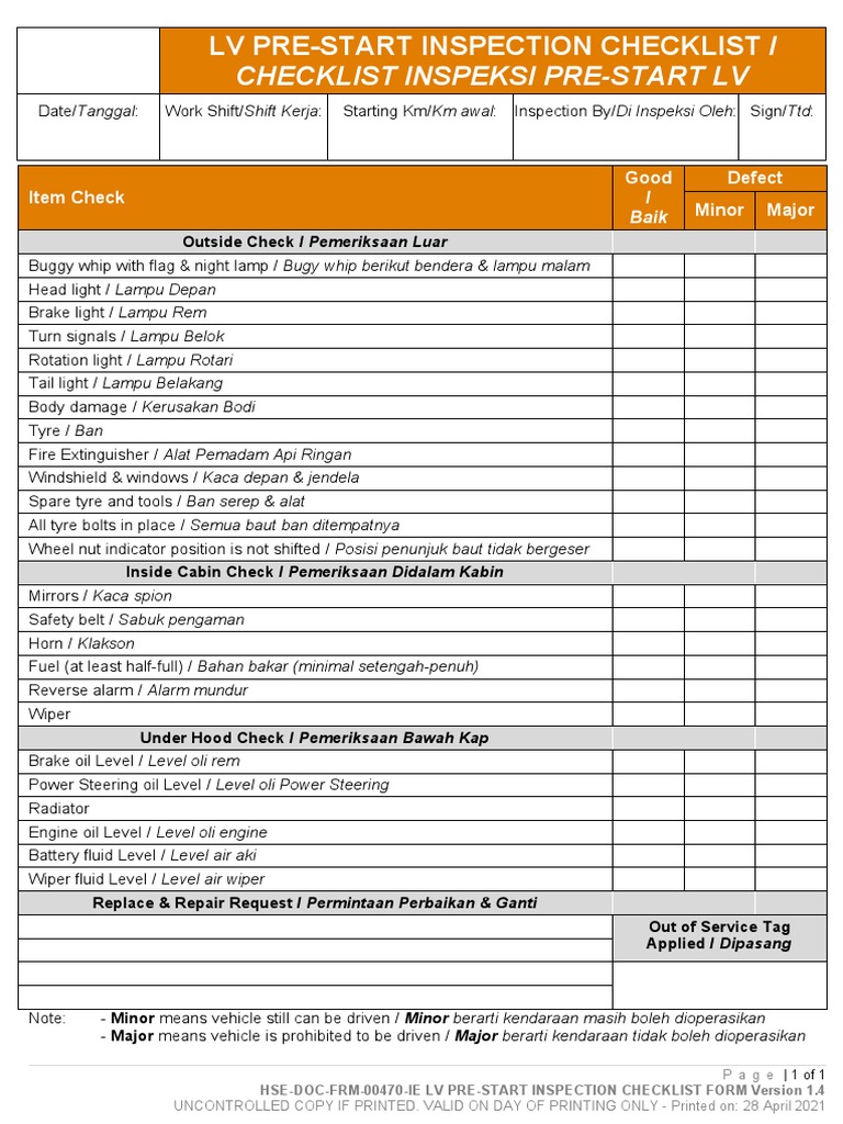 LV Prestart Inspection Checklist Form - IE | PDF