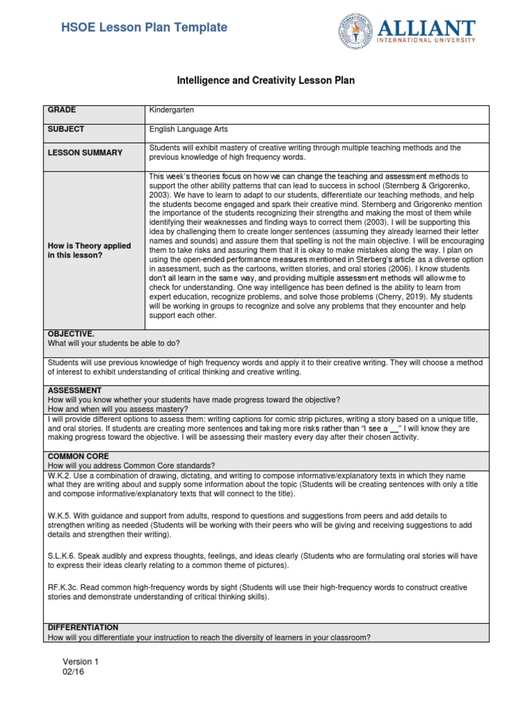 Intelligence and Creativity Lesson Plan | PDF | Educational Assessment ...
