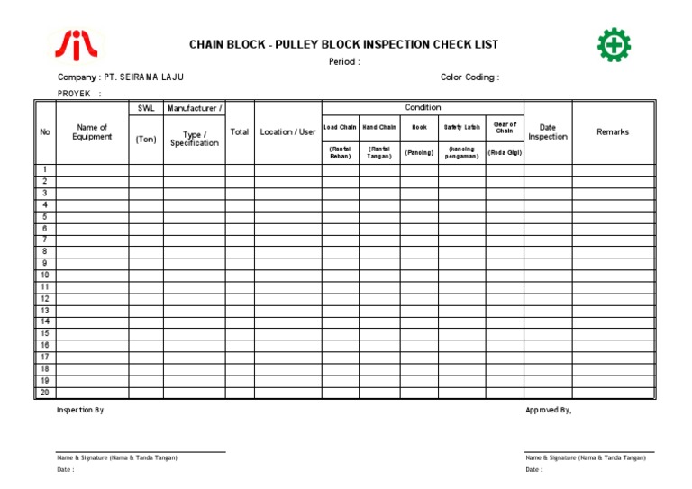 Chain Block - Pulley Block Inspection Check List: Period: Company: Pt ...