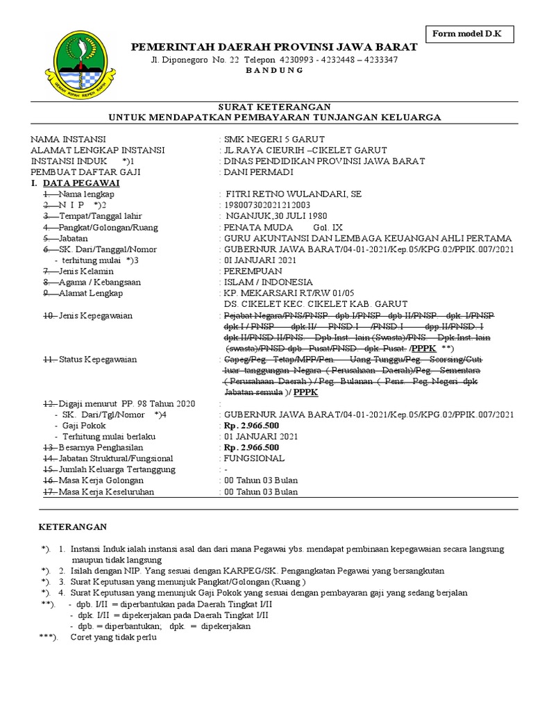 Surat Keterangan Tunjangan Keluarga | PDF