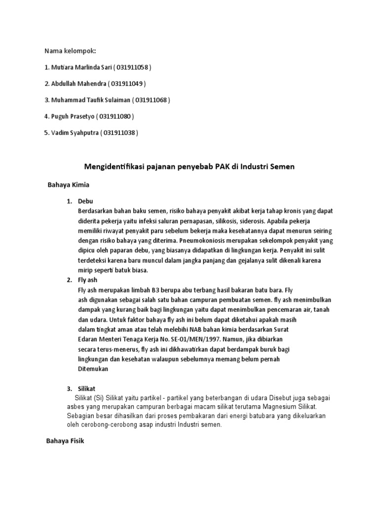 Pajanan Di Industri Semen (PAK) | PDF