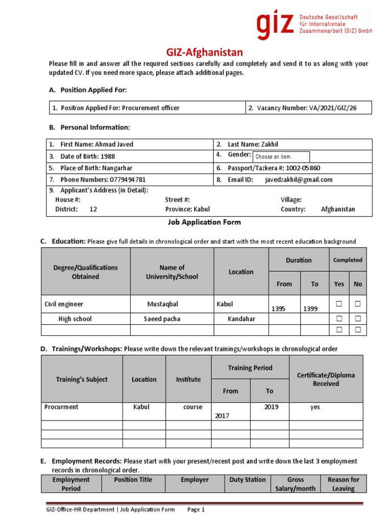 GIZ-Afghanistan: A. Position Applied For | PDF | Business | Labour