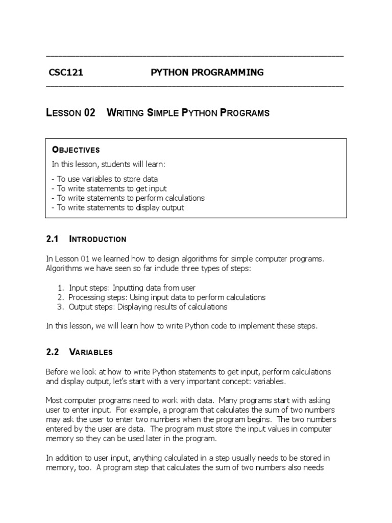 L 02 W S P P: CSC121 Python Programming | PDF | Division (Mathematics ...