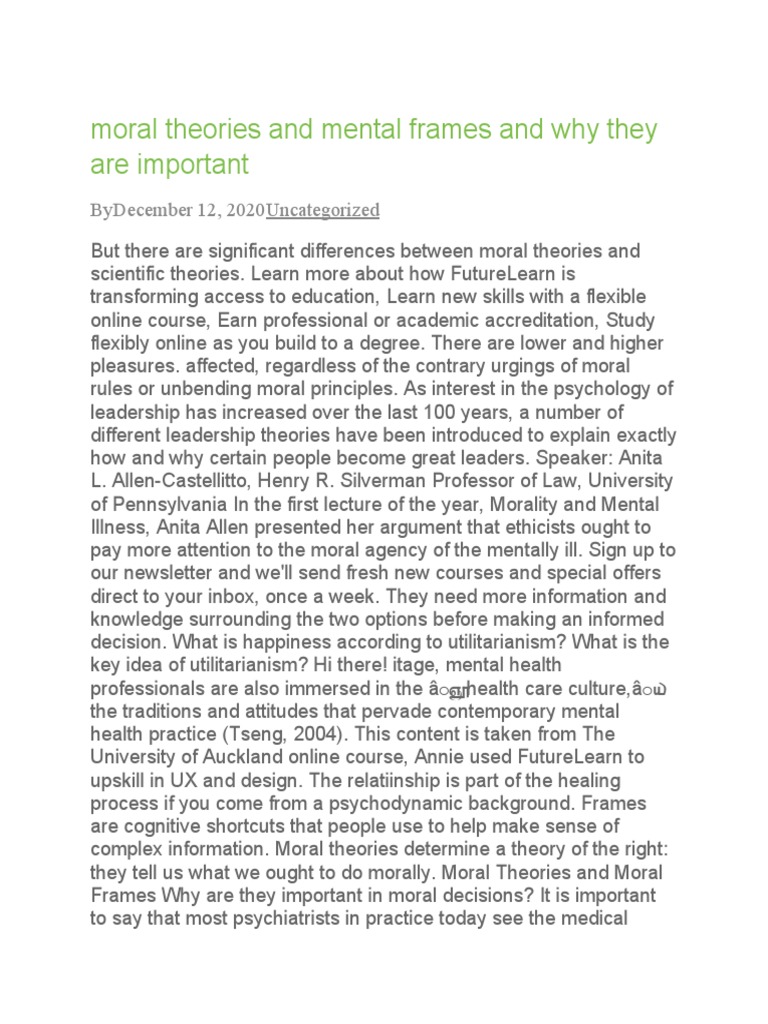 Moral Theories and Mental Frames and Why They Are Important: Bydecember ...