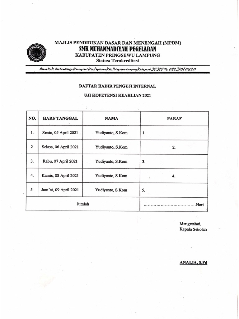 Daftar Hadir Penguji Internal | PDF