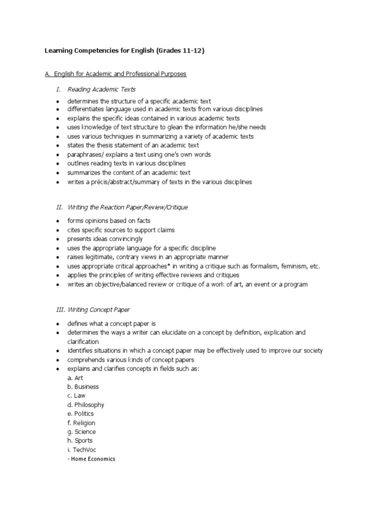 Learning Competencies For English - Grades 11-12 | PDF | Speech ...