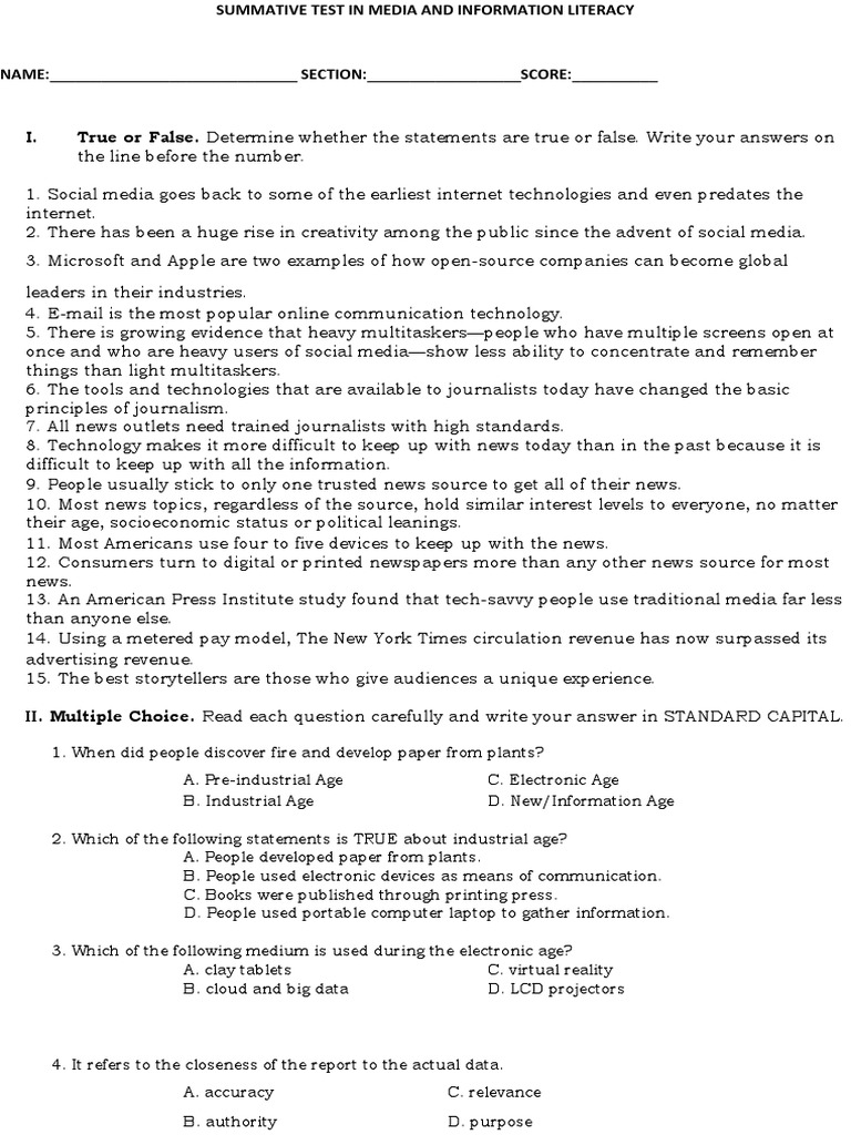 Media and Information Literacy Test | PDF | News | Mass Media