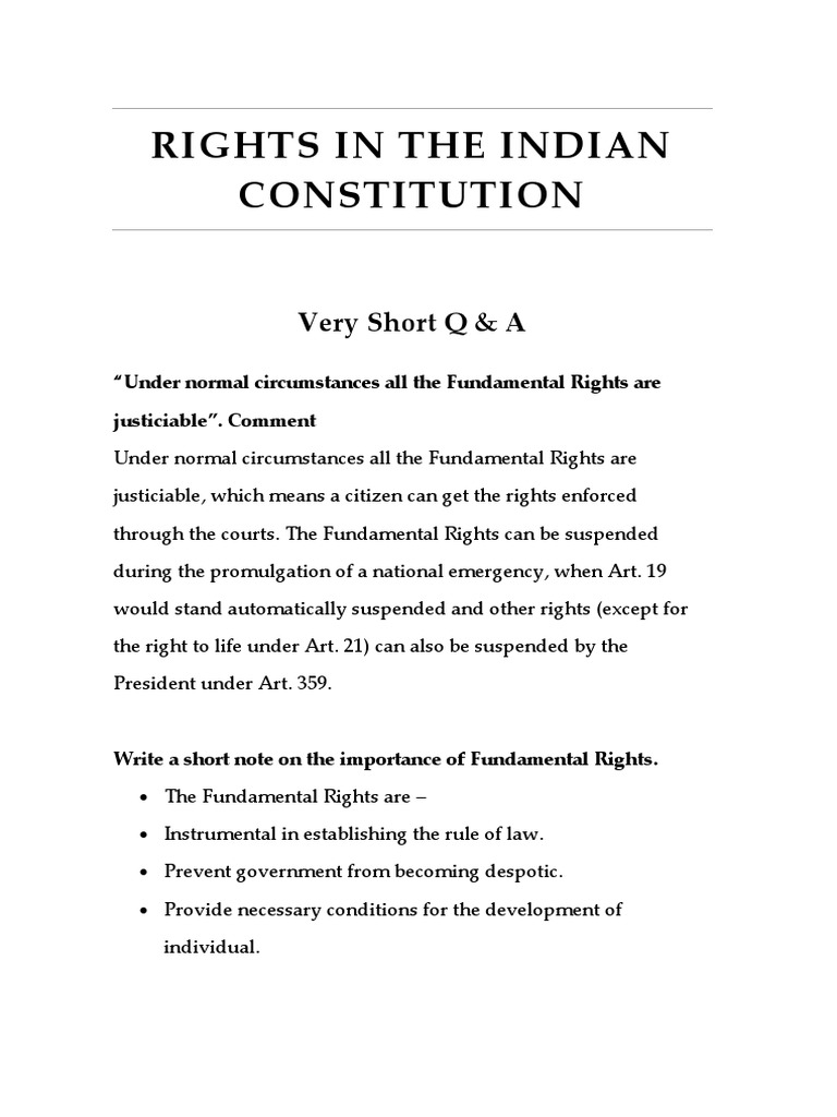 Class 11 Political Science - Rights in The Indian Constitution | PDF ...