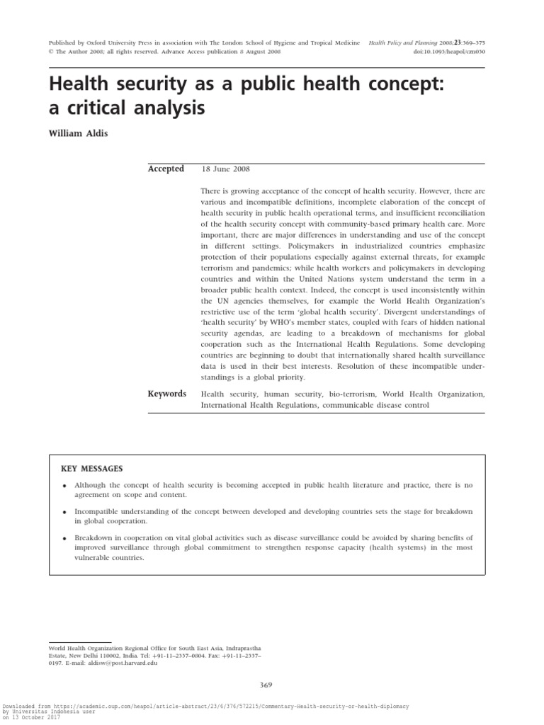 Health Security As A Public Health Concept - A Critical Analysis | PDF ...